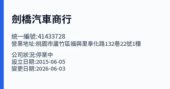 劍橋汽車商行的照片-統編 41433728(桃園市) 公司登記資料與營業項目詳細圖表