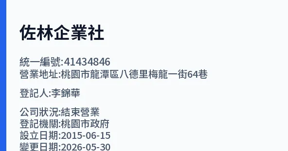 佐林企業社的照片-統編 41434846(桃園市) 公司登記資料與營業項目詳細圖表
