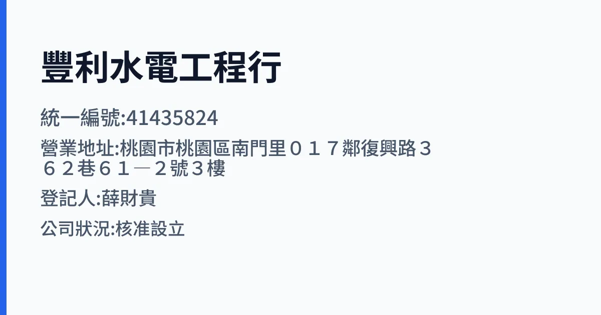 豐利水電工程行 - 統編 41435824(桃園市) 公司登記資料與營業項目詳細圖表