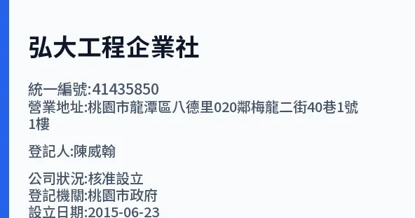 弘大工程企業社的照片-統編 41435850(桃園市) 公司登記資料與營業項目詳細圖表