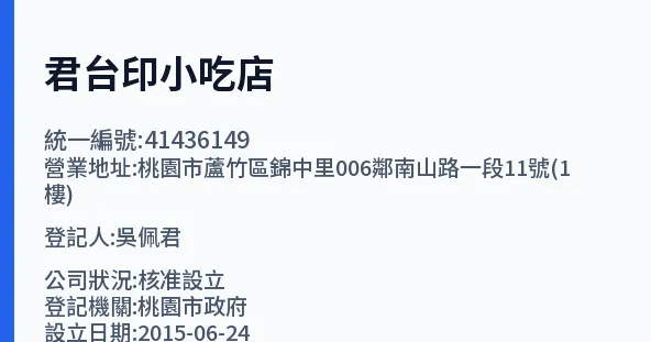 君台印小吃店的照片-統編 41436149(桃園市) 公司登記資料與營業項目詳細圖表