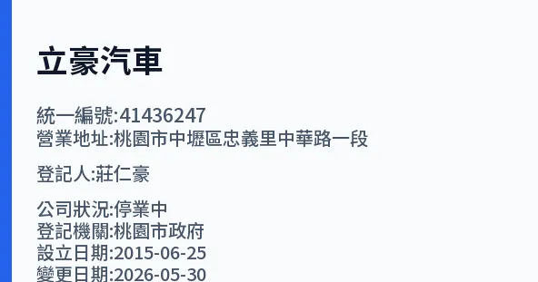 立豪汽車的照片-統編 41436247(桃園市) 公司登記資料與營業項目詳細圖表