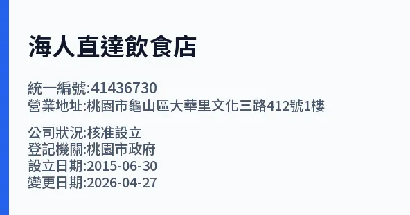 海人直達飲食店的照片-統編 41436730(桃園市) 公司登記資料與營業項目詳細圖表