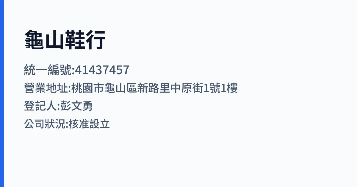 龜山鞋行 - 統編 41437457(桃園市) 公司登記資料與營業項目詳細圖表