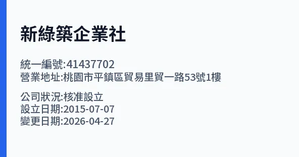 新綠築企業社的照片-統編 41437702(桃園市) 公司登記資料與營業項目詳細圖表