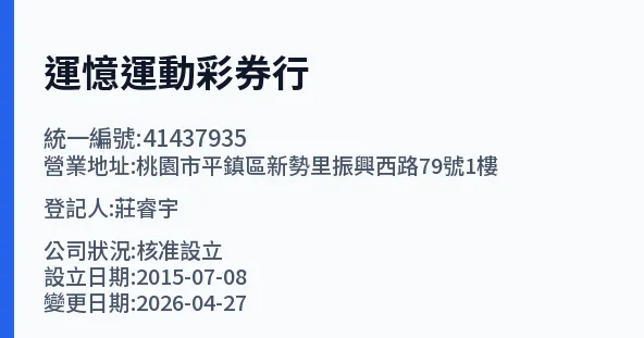 運憶運動彩券行的照片-統編 41437935(桃園市) 公司登記資料與營業項目詳細圖表