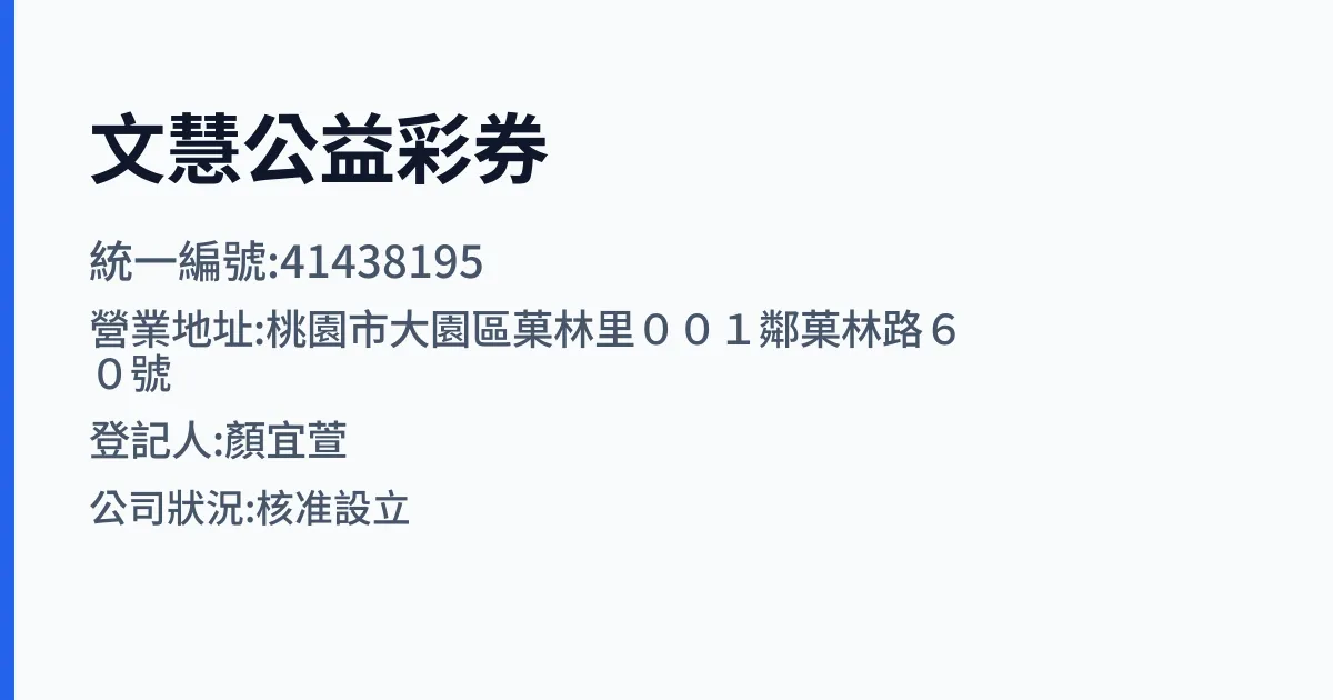 文慧公益彩券 - 統編 41438195(桃園市) 公司登記資料與營業項目詳細圖表