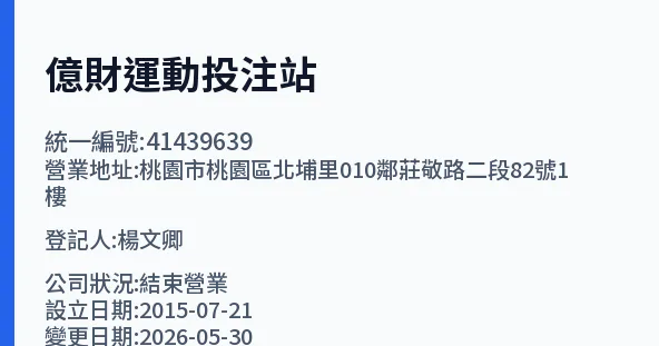 億財運動投注站的照片-統編 41439639(桃園市) 公司登記資料與營業項目詳細圖表
