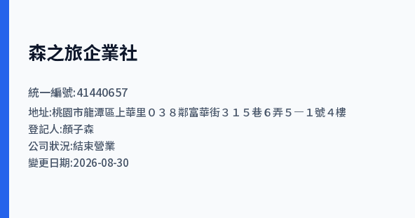 森之旅企業社的照片-統編 41440657(桃園市) 公司登記資料與營業項目詳細圖表