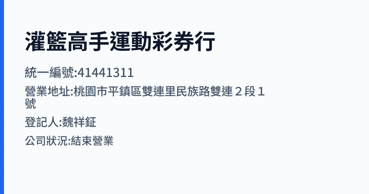 灌籃高手運動彩券行 - 統編 41441311(桃園市) 公司登記資料與營業項目詳細圖表