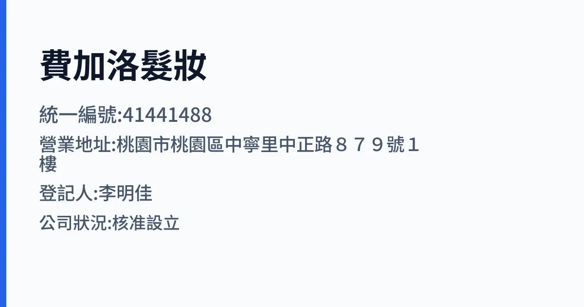 費加洛髮妝 - 統編 41441488(桃園市) 公司登記資料與營業項目詳細圖表