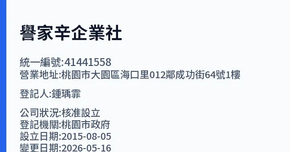 譽家辛企業社的照片-統編 41441558(桃園市) 公司登記資料與營業項目詳細圖表