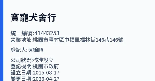 寶寵犬舍行的照片-統編 41443253(桃園市) 公司登記資料與營業項目詳細圖表