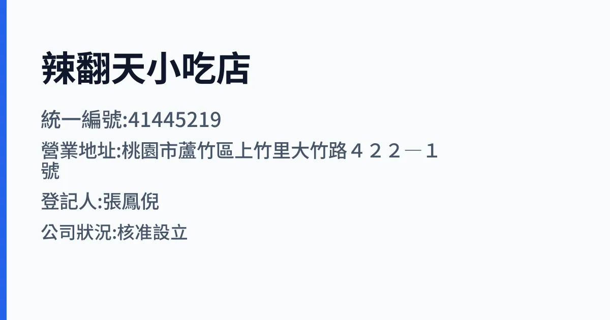 辣翻天小吃店 - 統編 41445219(桃園市) 公司登記資料與營業項目詳細圖表