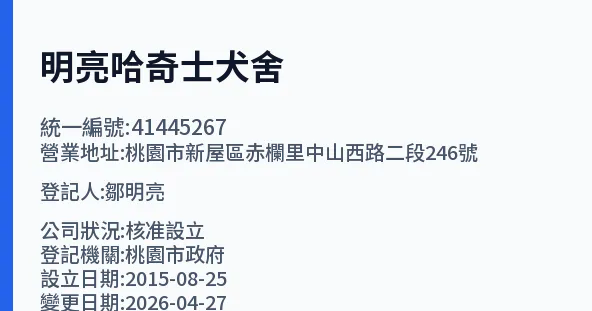 明亮哈奇士犬舍的照片-統編 41445267(桃園市) 公司登記資料與營業項目詳細圖表