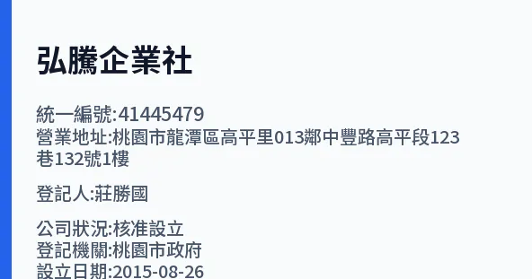弘騰企業社的照片-統編 41445479(桃園市) 公司登記資料與營業項目詳細圖表