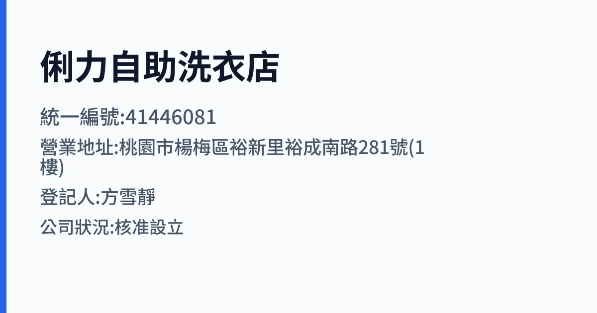俐力自助洗衣店 - 統編 41446081(桃園市) 公司登記資料與營業項目詳細圖表