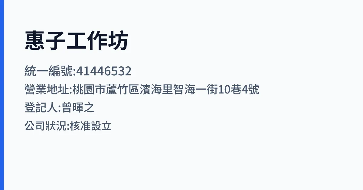 惠子工作坊 - 統編 41446532(桃園市) 公司登記資料與營業項目詳細圖表