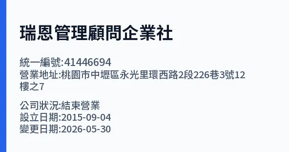 瑞恩管理顧問企業社的照片-統編 41446694(桃園市) 公司登記資料與營業項目詳細圖表
