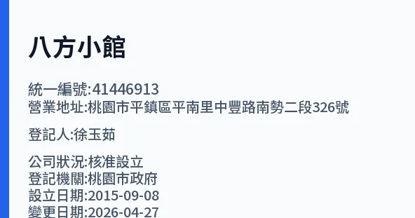 八方小館的照片-統編 41446913(桃園市) 公司登記資料與營業項目詳細圖表