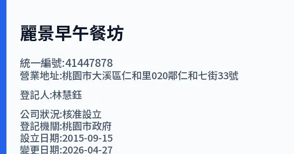 麗景早午餐坊的照片-統編 41447878(桃園市) 公司登記資料與營業項目詳細圖表