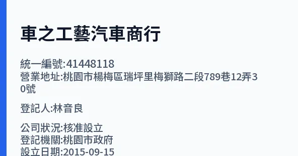 車之工藝汽車商行的照片-統編 41448118(桃園市) 公司登記資料與營業項目詳細圖表