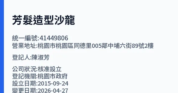 芳髮造型沙龍的照片-統編 41449806(桃園市) 公司登記資料與營業項目詳細圖表