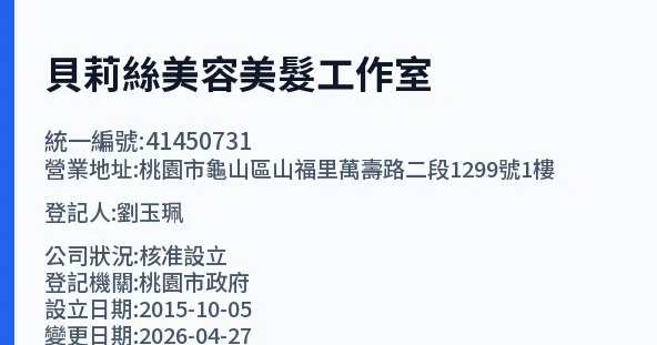貝莉絲美容美髮工作室的照片-統編 41450731(桃園市) 公司登記資料與營業項目詳細圖表