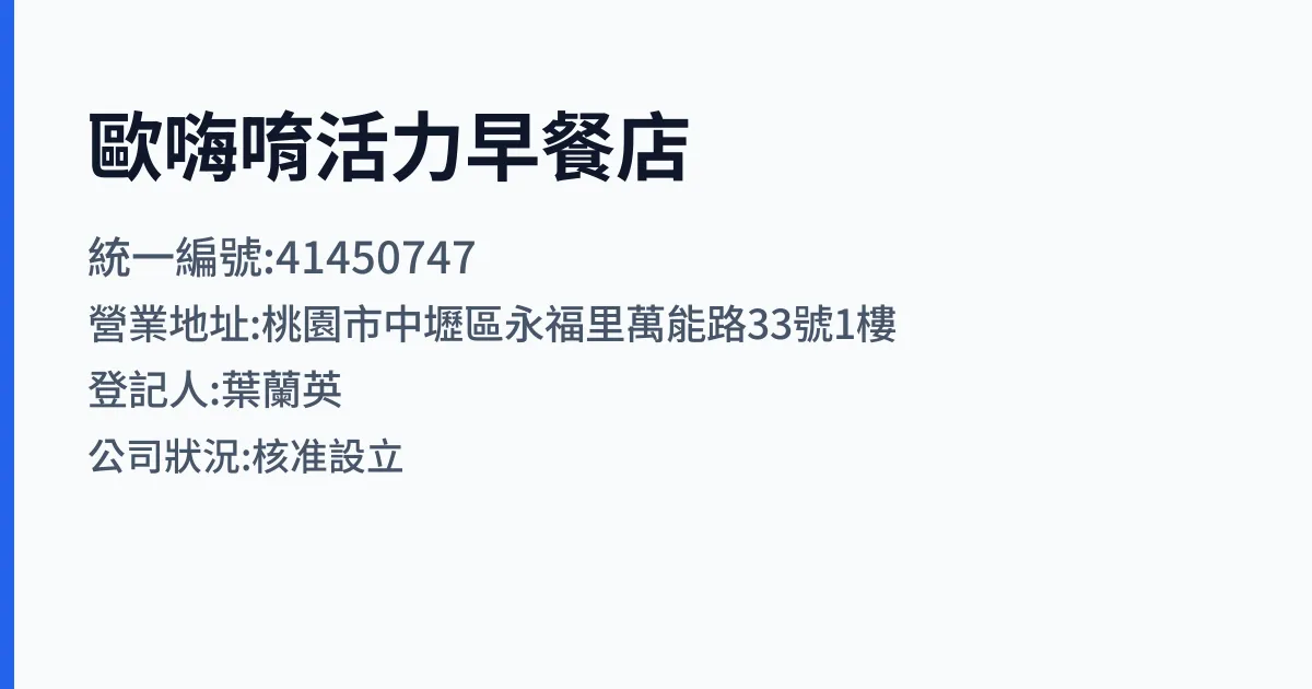歐嗨唷活力早餐店 - 統編 41450747(桃園市) 公司登記資料與營業項目詳細圖表