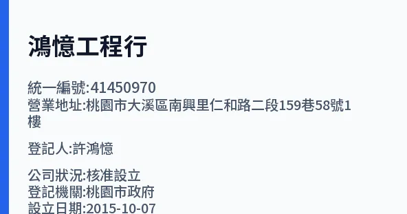 鴻憶工程行的照片-統編 41450970(桃園市) 公司登記資料與營業項目詳細圖表