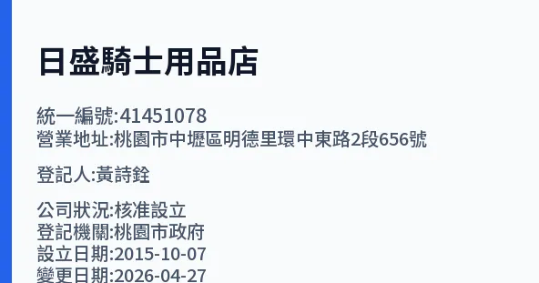 日盛騎士用品店的照片-統編 41451078(桃園市) 公司登記資料與營業項目詳細圖表