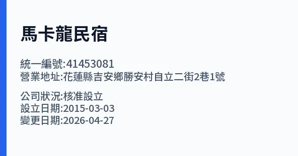 馬卡龍民宿的照片-統編 41453081(花蓮縣) 公司登記資料與營業項目詳細圖表