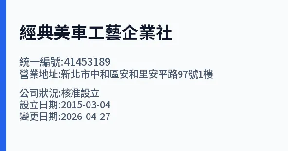 經典美車工藝企業社的照片-統編 41453189(新北市) 公司登記資料與營業項目詳細圖表
