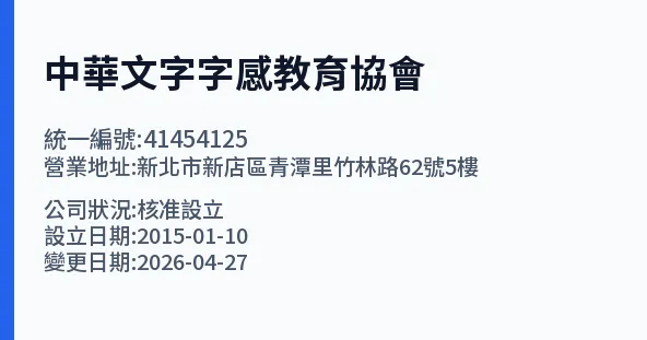 中華文字字感教育協會的照片-統編 41454125(新北市) 公司登記資料與營業項目詳細圖表