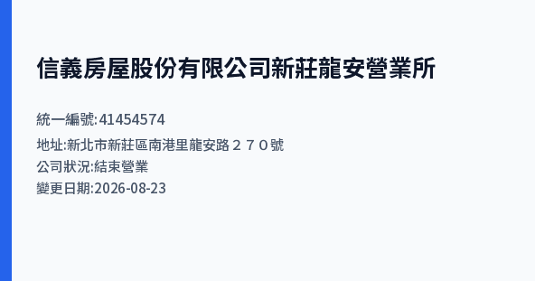 信義房屋股份有限公司新莊龍安營業所的照片-統編 41454574(新北市) 公司登記資料與營業項目詳細圖表
