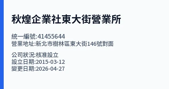 秋煌企業社東大街營業所的照片-統編 41455644(新北市) 公司登記資料與營業項目詳細圖表