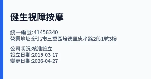 健生視障按摩的照片-統編 41456340(新北市) 公司登記資料與營業項目詳細圖表
