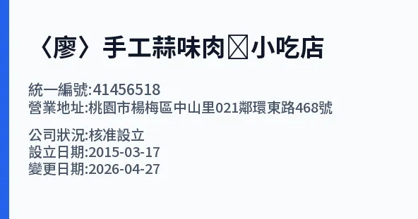 〈廖〉手工蒜味肉焿小吃店的照片-統編 41456518(桃園市) 公司登記資料與營業項目詳細圖表