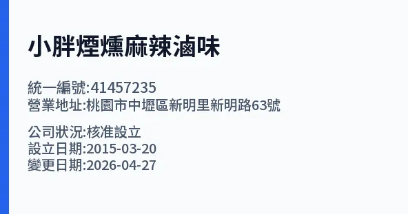 小胖煙燻麻辣滷味的照片-統編 41457235(桃園市) 公司登記資料與營業項目詳細圖表