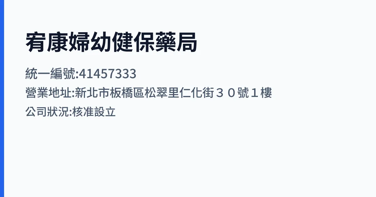 宥康婦幼健保藥局 - 統編 41457333(新北市) 公司登記資料與營業項目詳細圖表