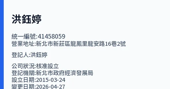 洪鈺婷的照片-統編 41458059(新北市) 公司登記資料與營業項目詳細圖表