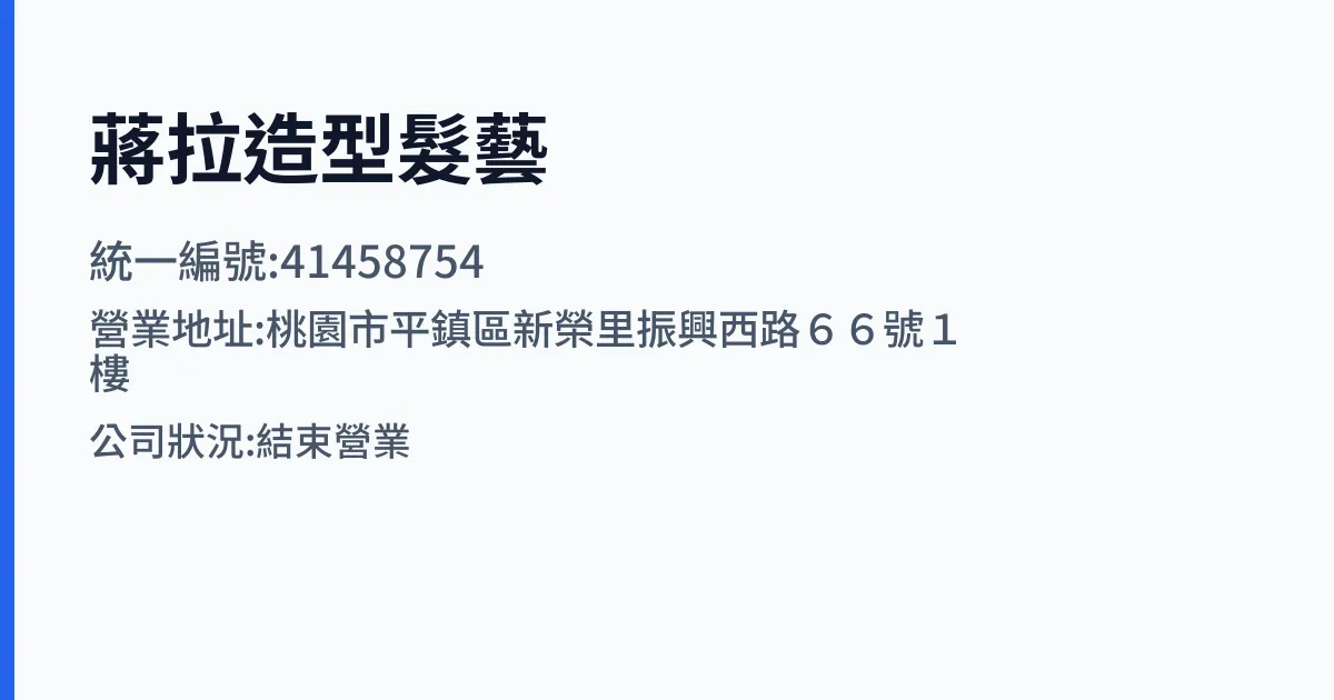 蔣拉造型髮藝 - 統編 41458754(桃園市) 公司登記資料與營業項目詳細圖表