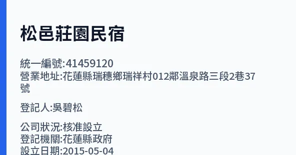 松邑莊園民宿的照片-統編 41459120(花蓮縣) 公司登記資料與營業項目詳細圖表