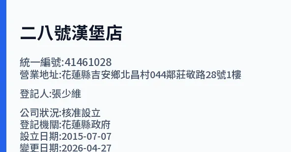二八號漢堡店的照片-統編 41461028(花蓮縣) 公司登記資料與營業項目詳細圖表