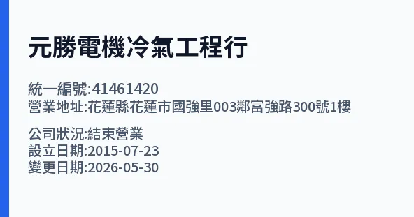 元勝電機冷氣工程行的照片-統編 41461420(花蓮縣) 公司登記資料與營業項目詳細圖表