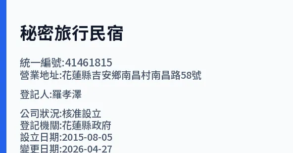 秘密旅行民宿的照片-統編 41461815(花蓮縣) 公司登記資料與營業項目詳細圖表
