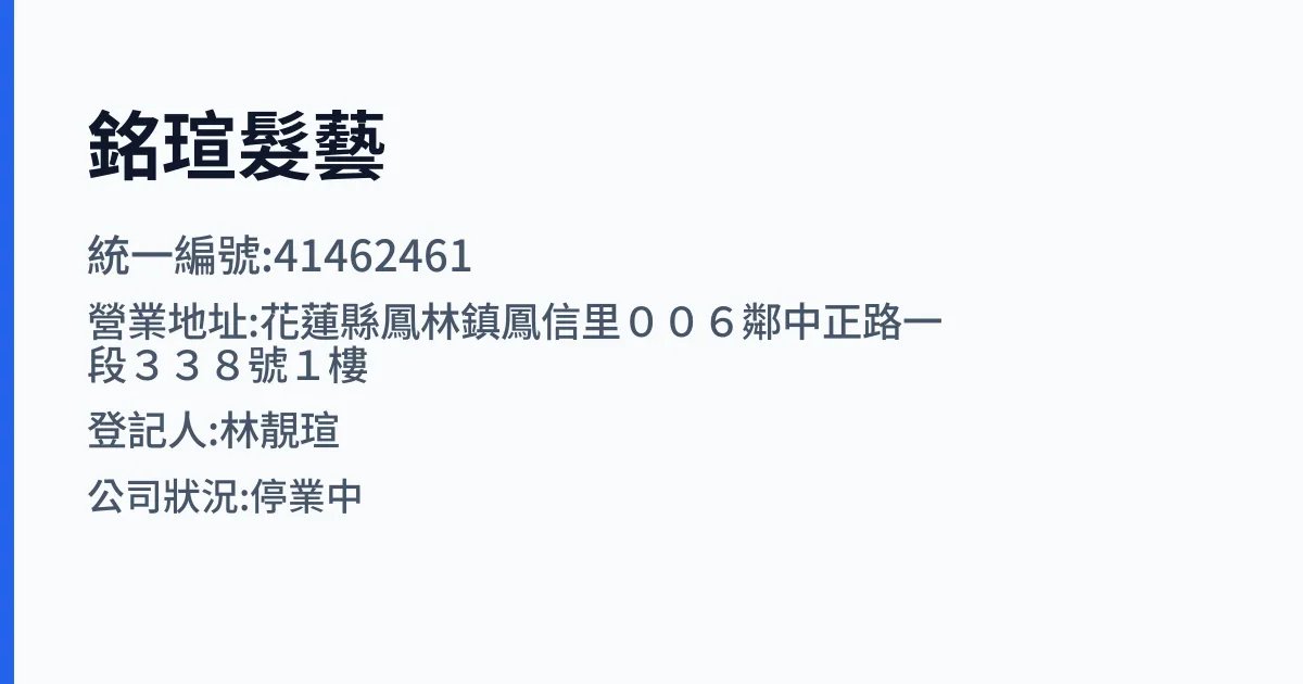 銘瑄髮藝 - 統編 41462461(花蓮縣) 公司登記資料與營業項目詳細圖表