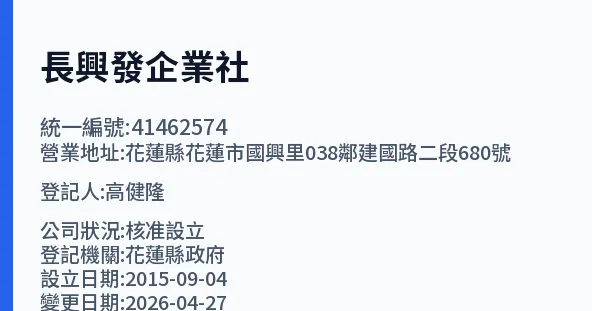 長興發企業社的照片-統編 41462574(花蓮縣) 公司登記資料與營業項目詳細圖表