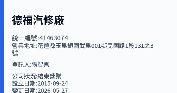 德福汽修廠的照片-統編 41463074(花蓮縣) 公司登記資料與營業項目詳細圖表