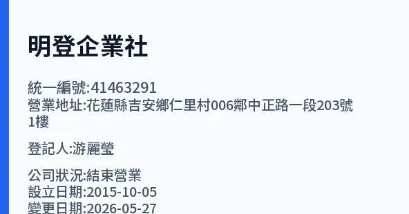 明登企業社的照片-統編 41463291(花蓮縣) 公司登記資料與營業項目詳細圖表